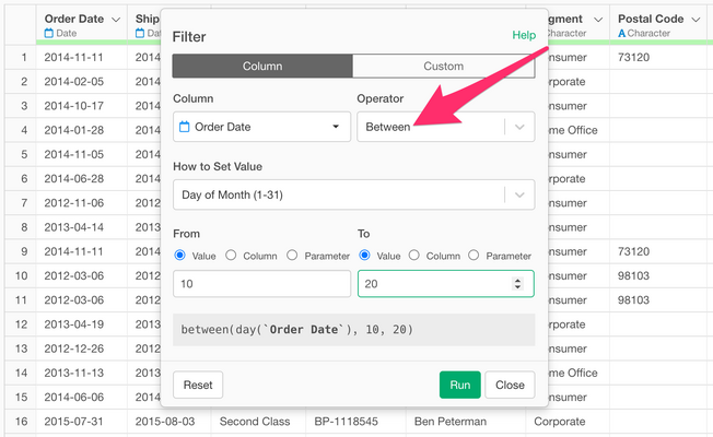How to Use "Between" for Numeric Date Types like Day of Month in Filter