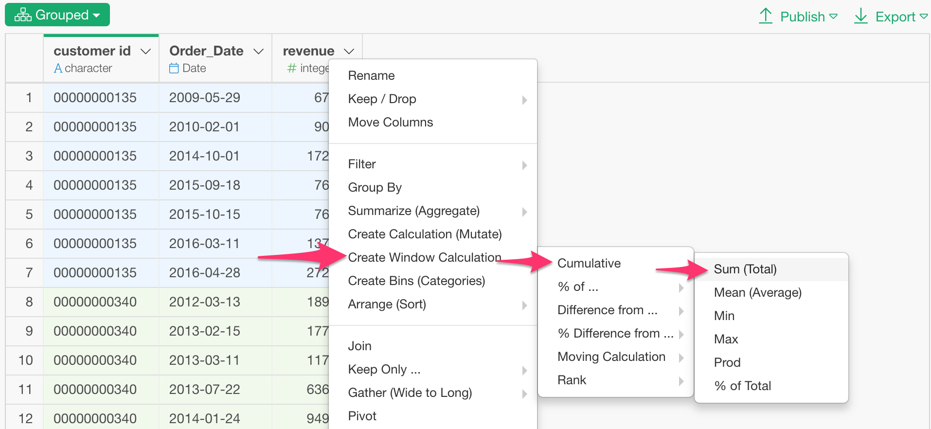 Then Select Create Window Calculations Cumulative Sum Total From The